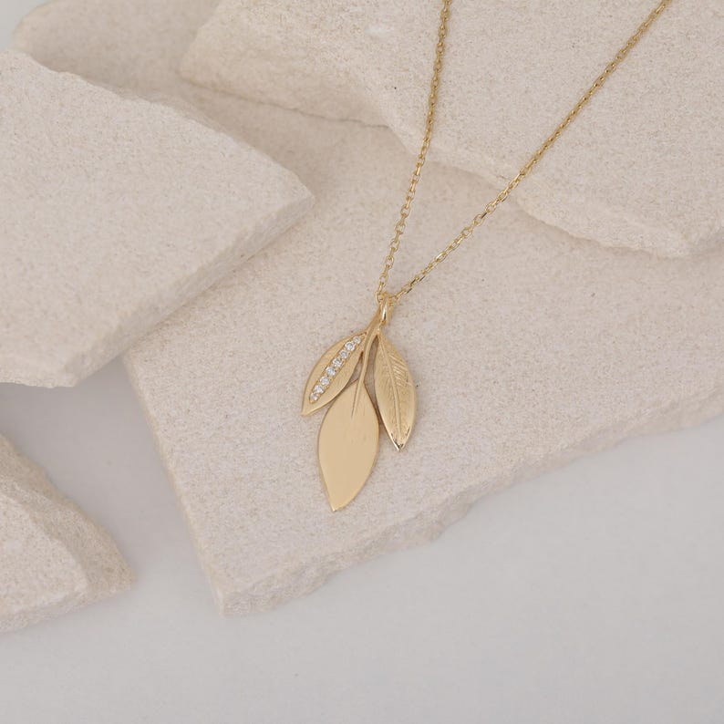 Diamond 14K Solid Gold Olive Tree Branch Necklace: Personalized Leaf ...
