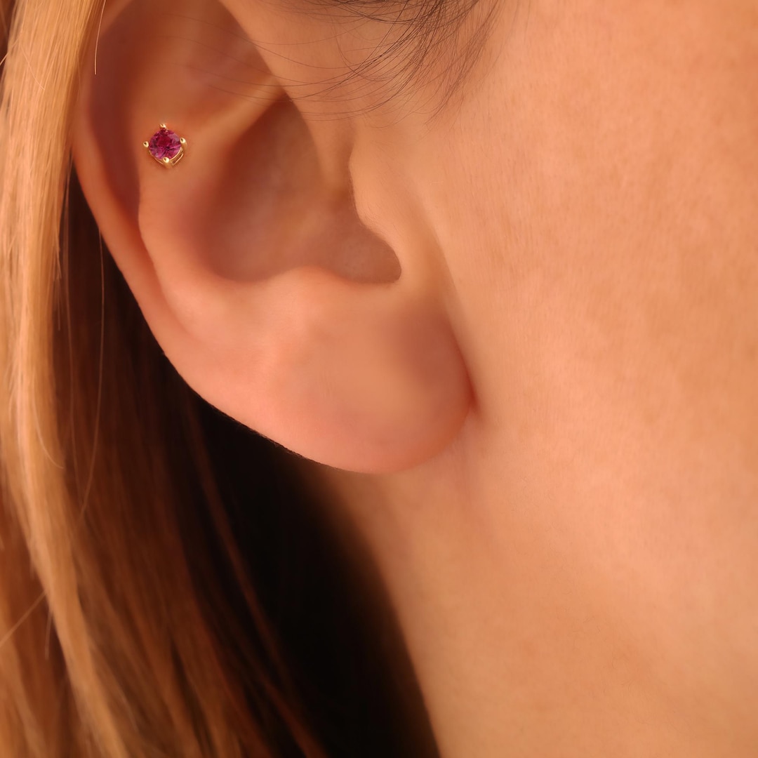 14K Solid Gold Ruby Round Stud Piercing • 18G Red Solitaire Cartilage ...