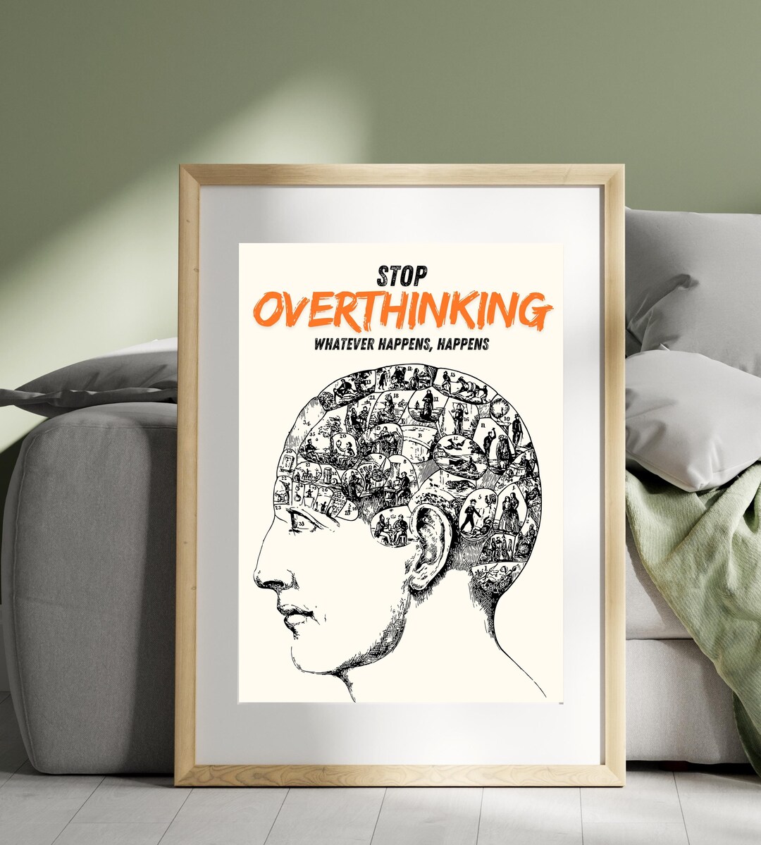 Stop Overthinking Motivational Wall Art - Vintage Brain Illustration ...