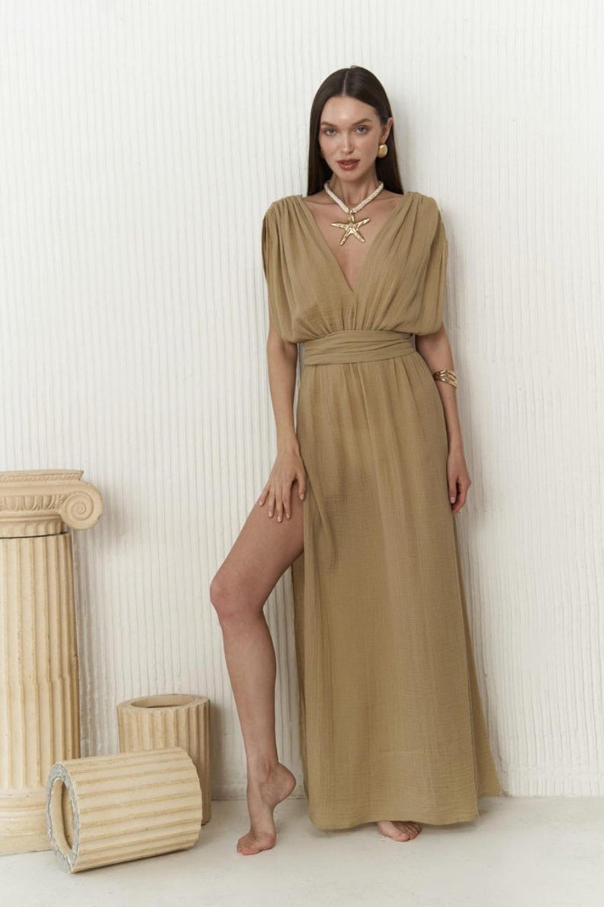 Organic Turkish Cotton Goddess Dress: High Slit Boho Wedding, Backless ...