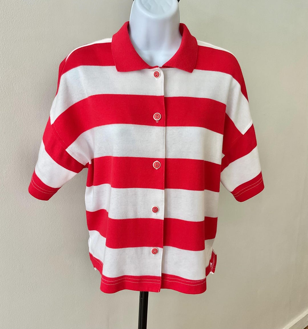 80’s Catalina Striped Button Front Top, Cotton Knit, Drop Shoulders, M ...