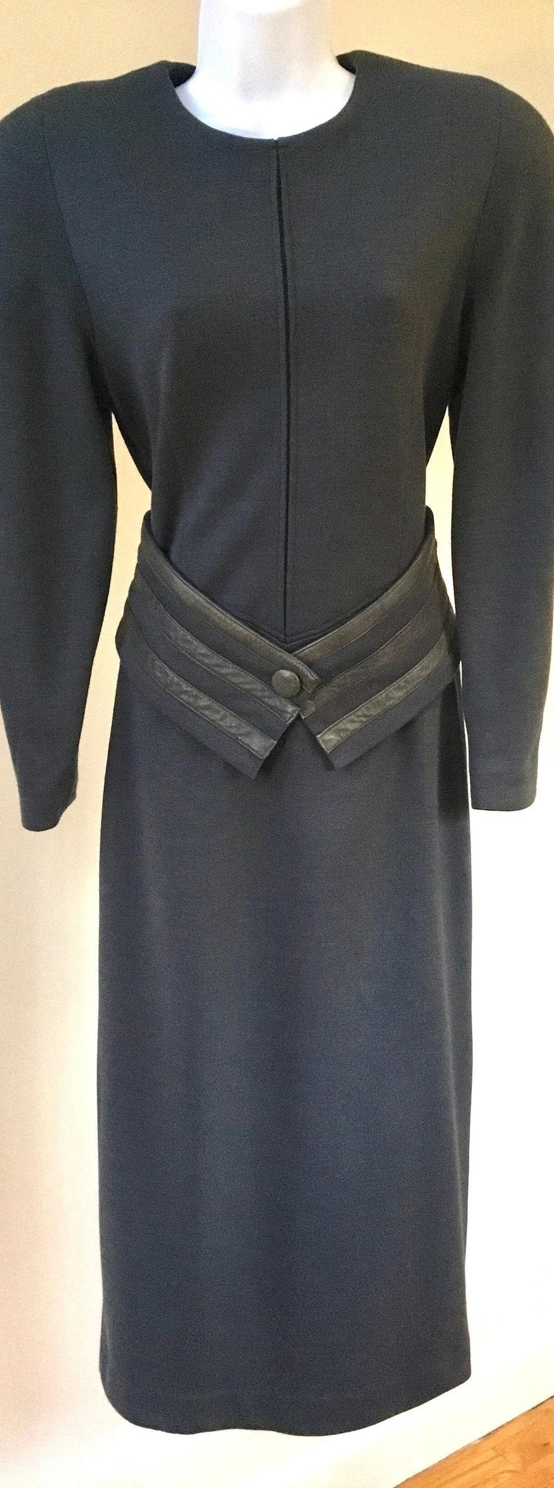 80’s Secretary Dress With Drop Waist and Front Belt in Gray/blue Knit ...
