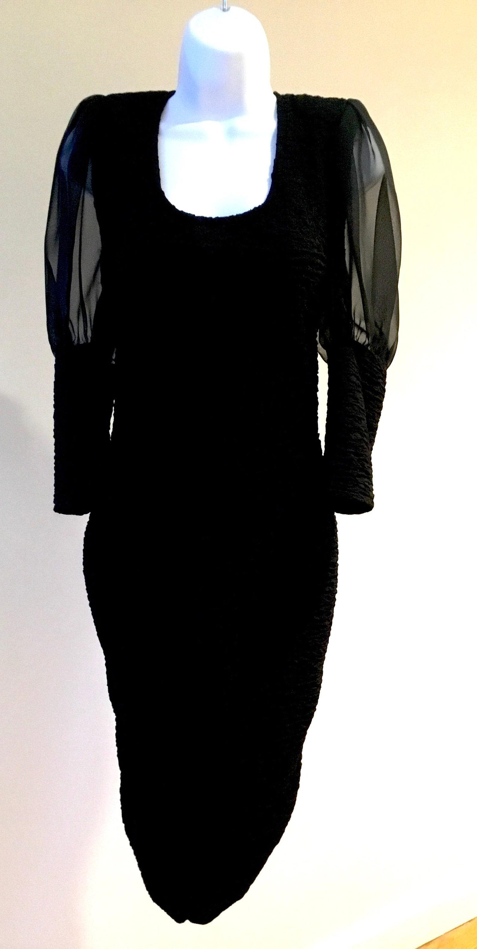80’s Black Body Con Dress. Sheer Puff Sleeve ,stretch Pucker Fabric ...