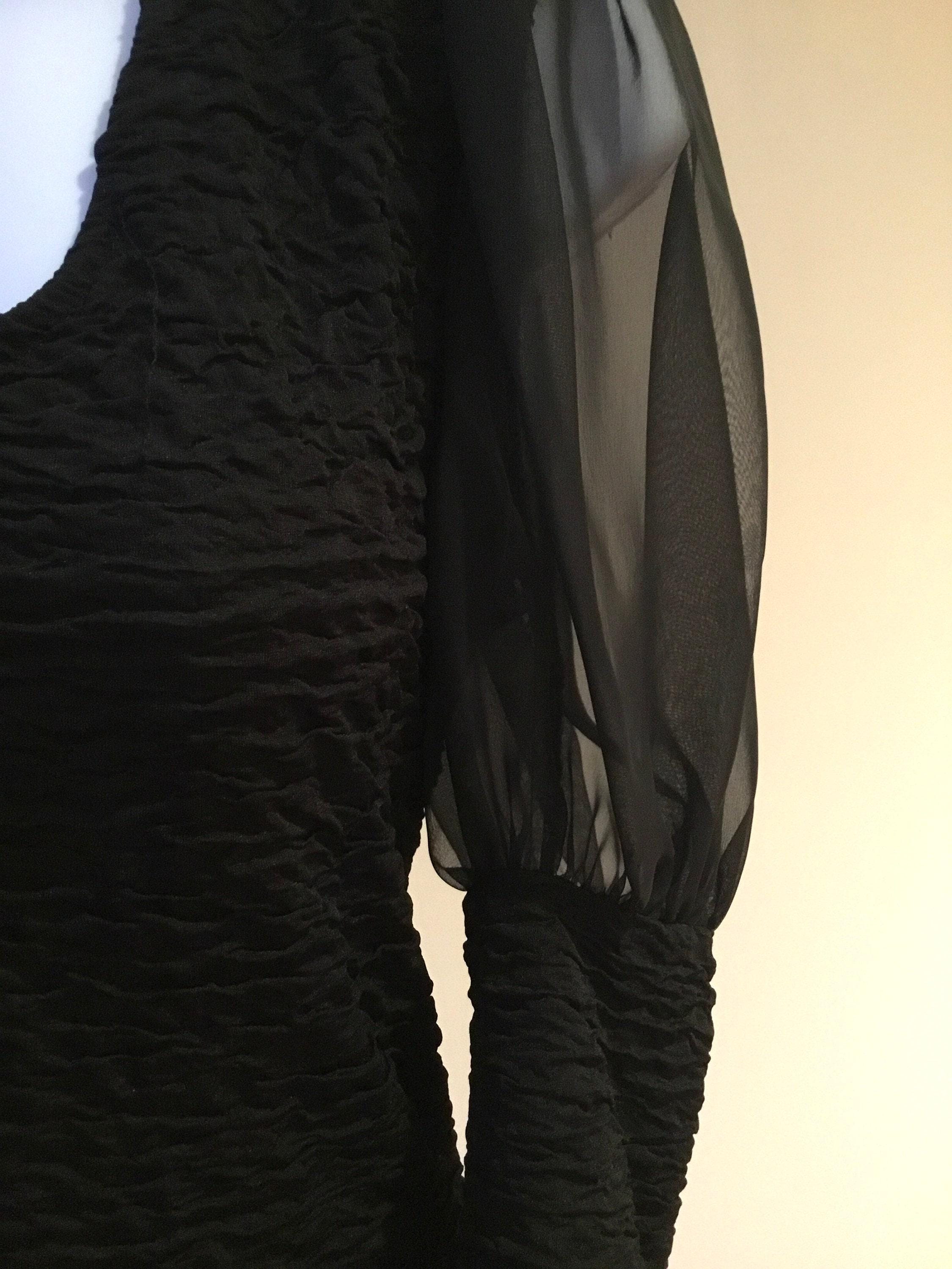 80’s Black Body Con Dress. Sheer Puff Sleeve ,stretch Pucker Fabric ...