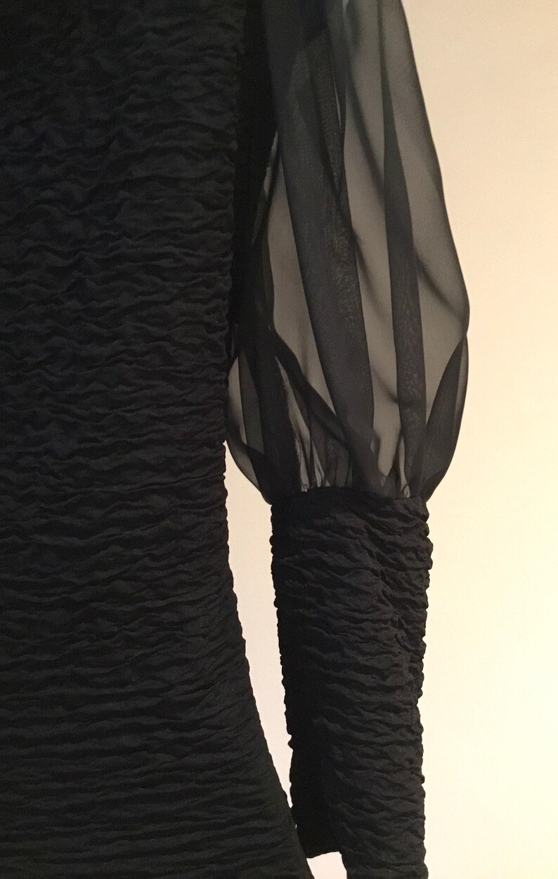 80’s Black Body Con Dress. Sheer Puff Sleeve ,stretch Pucker Fabric ...