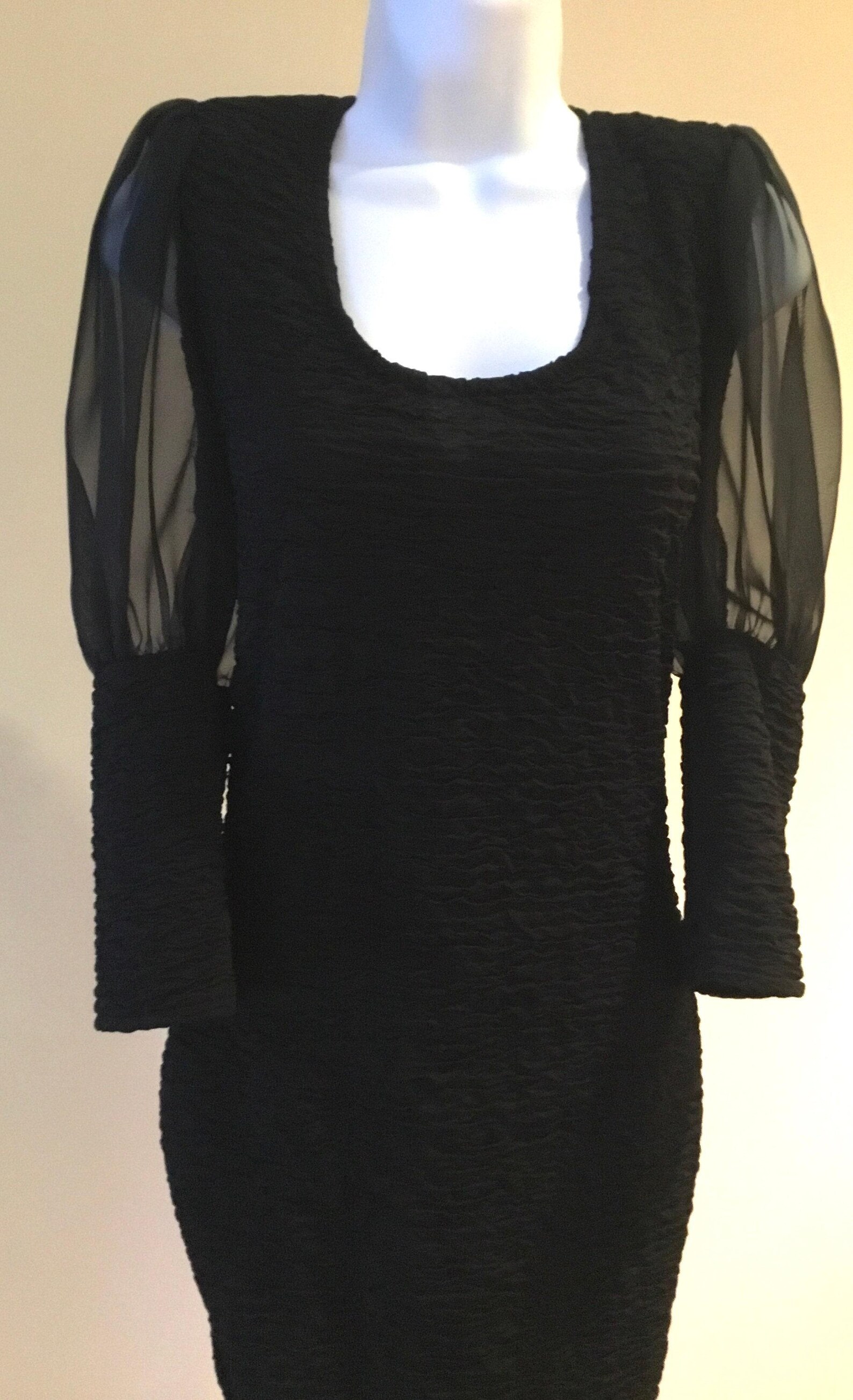 80’s Black Body Con Dress. Sheer Puff Sleeve ,stretch Pucker Fabric ...