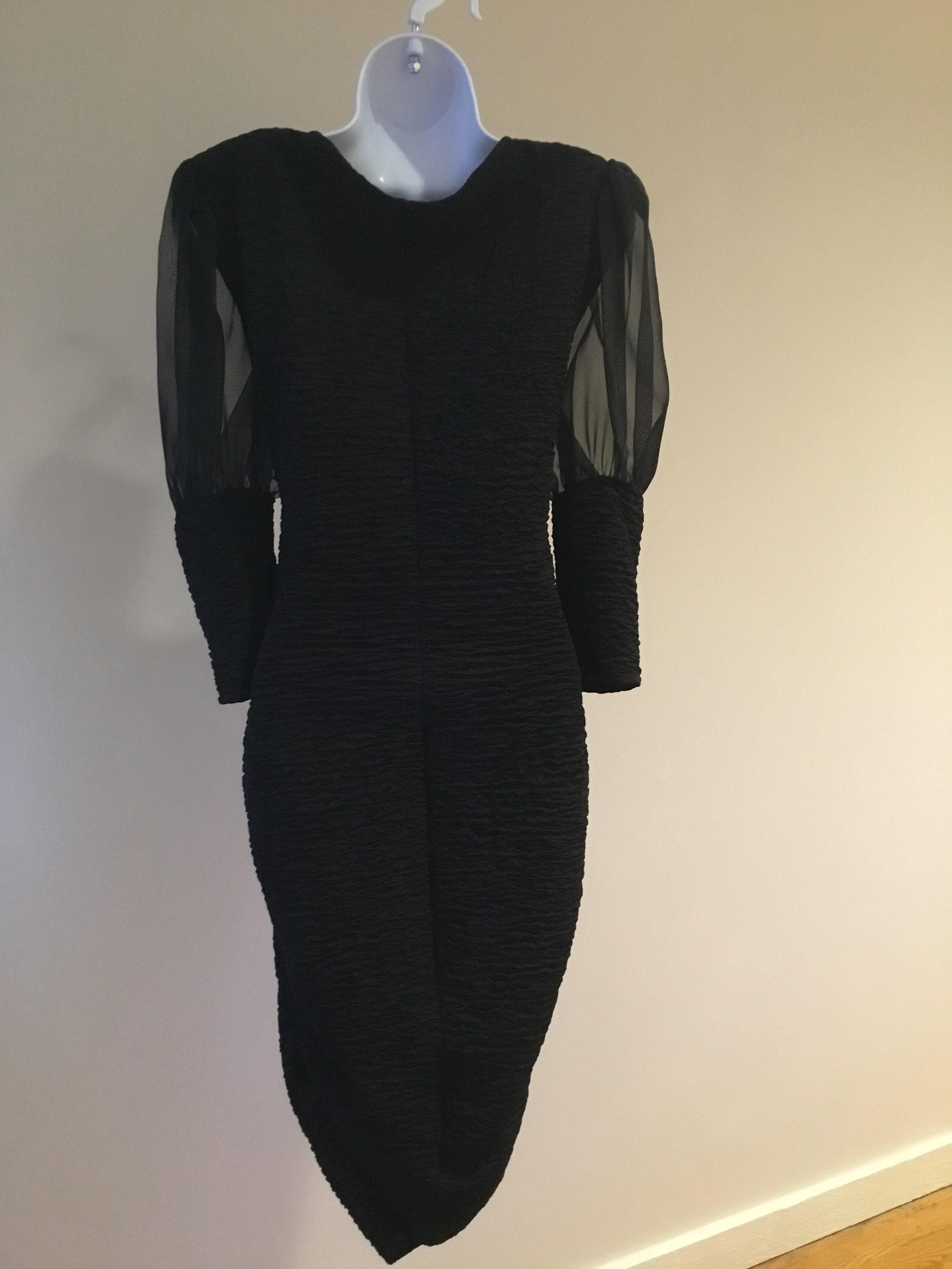 80’s Black Body Con Dress. Sheer Puff Sleeve ,stretch Pucker Fabric ...