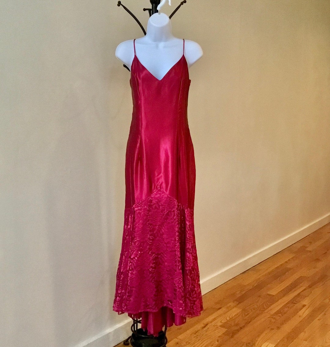 70’s Ruby Red Satin With Lace Kick Ruffle Evening Dress. M/L - Etsy