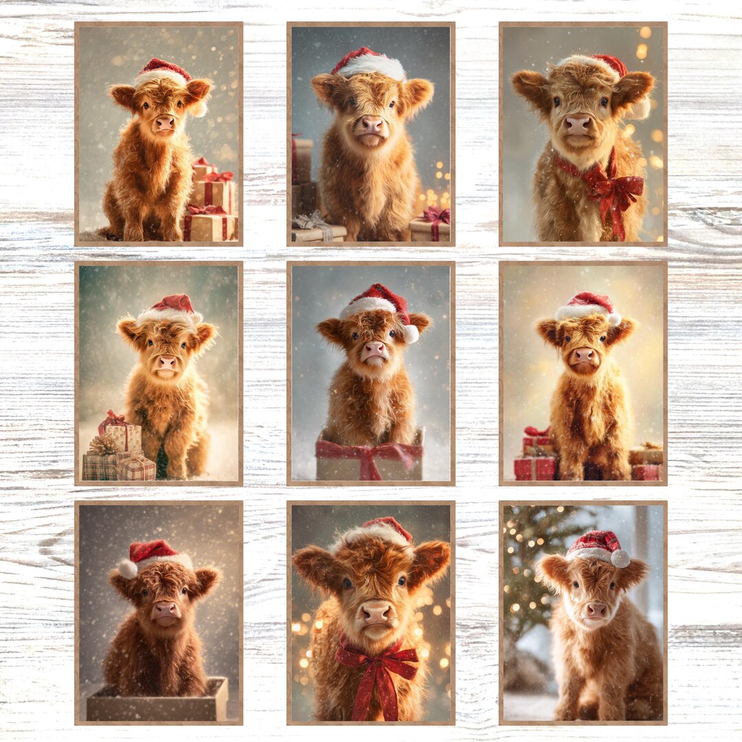 9 Christmas Highland Cow Print Set | Rustic Farmhouse Decor (digital ...