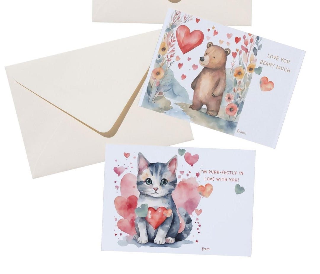 Beary Cute & Purr-fect Valentine Card Set Digital Download, Watercolor ...