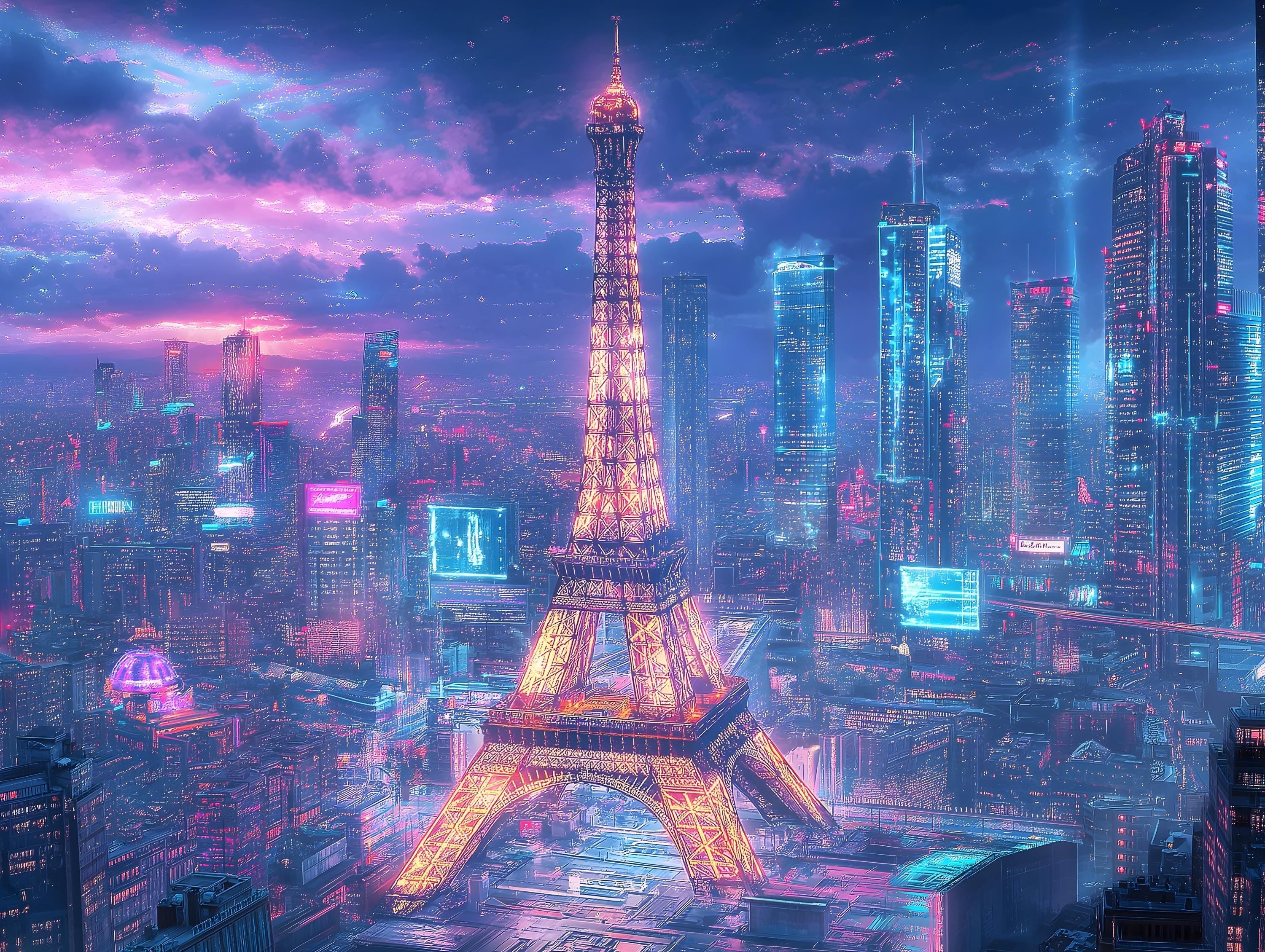 Eiffel Tower Cyberpunk Digital Art | Neon Paris Wall Art | Futuristic ...
