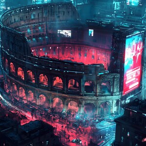 Colosseum Cyberpunk Digital Art - Neon Dystopia Meets Ancient Rome - Etsy