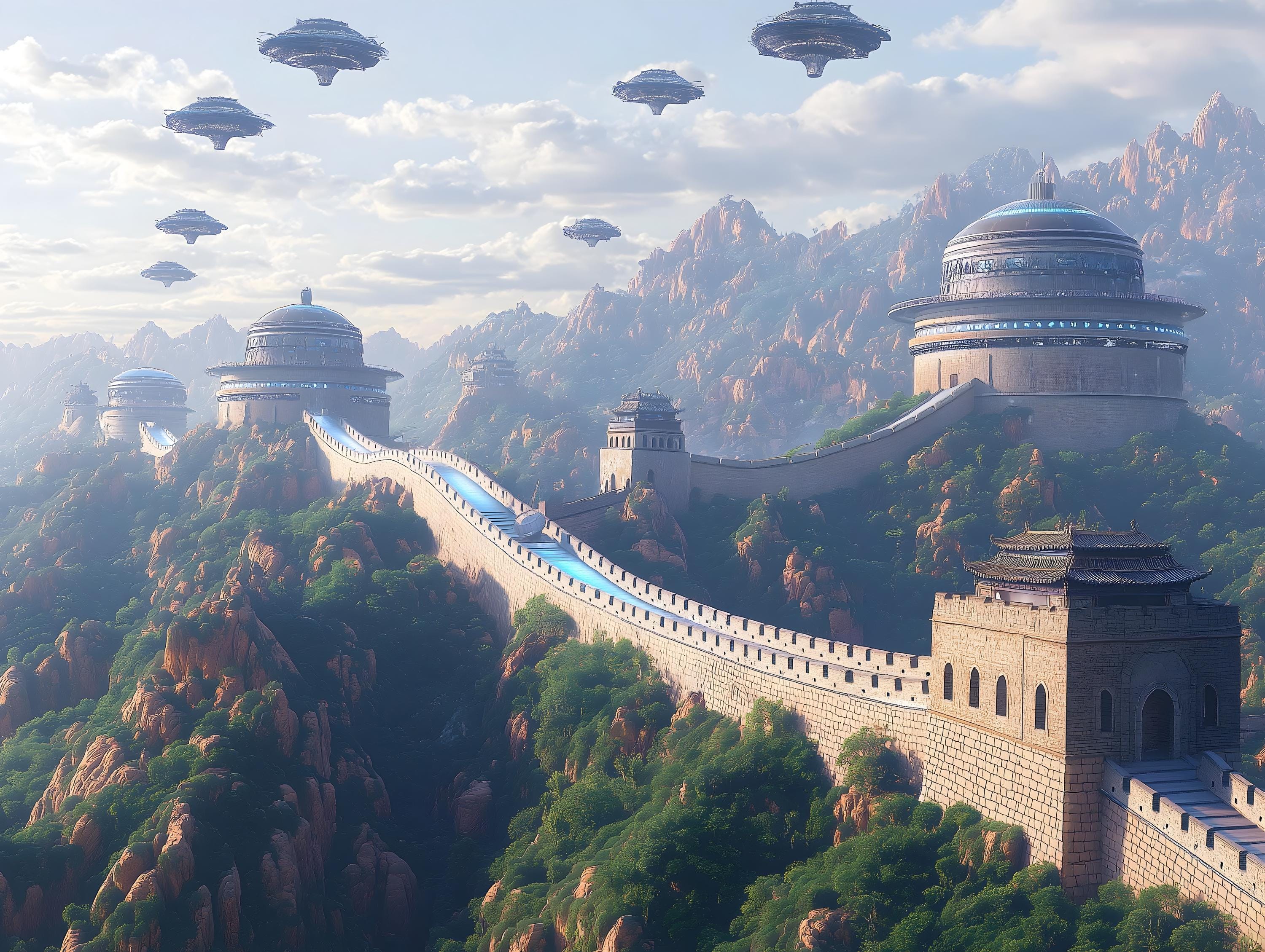 The Great Wall of China Futuristic Digital Art - Sci-fi Monument ...