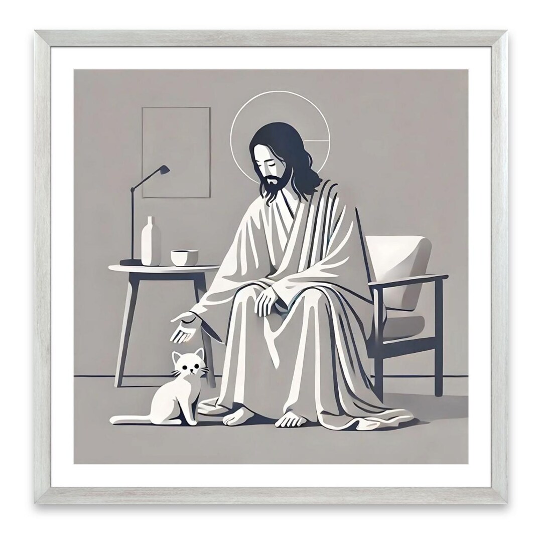 Jesus Christ With Cat Kitty Digital Print, Minimalist Neutral Painting ...