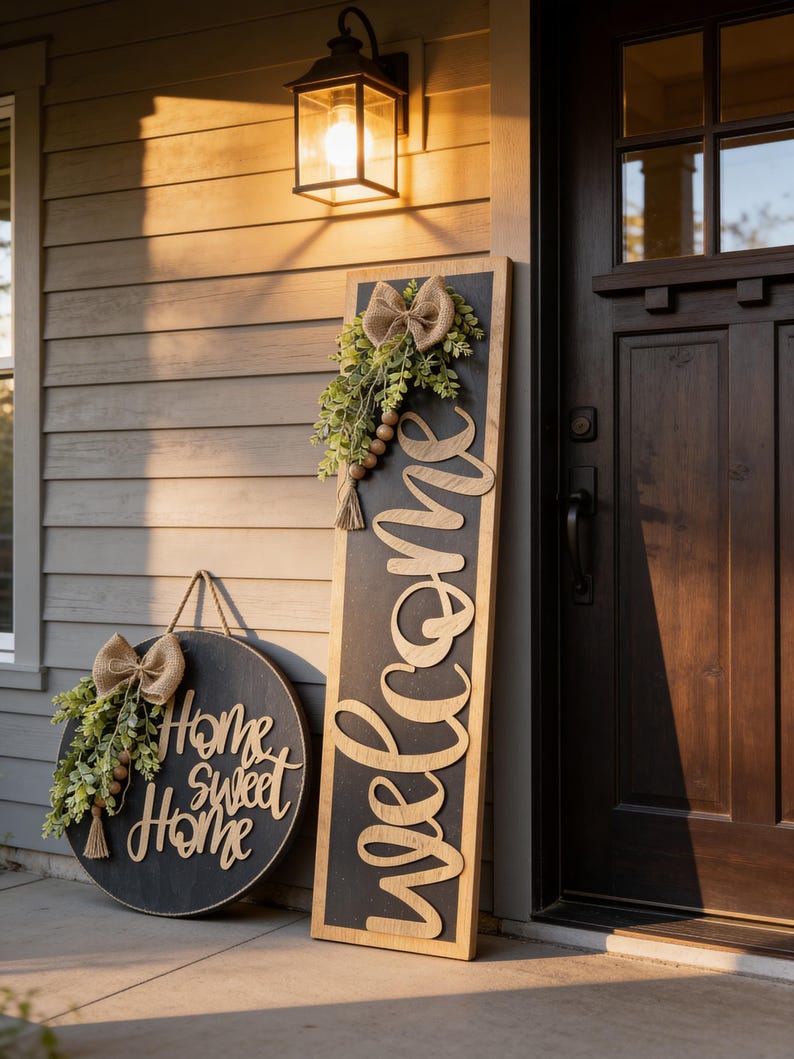 Rustic Farmhouse Welcome Sign – Vertical Wood Porch Decor With Greenery ...