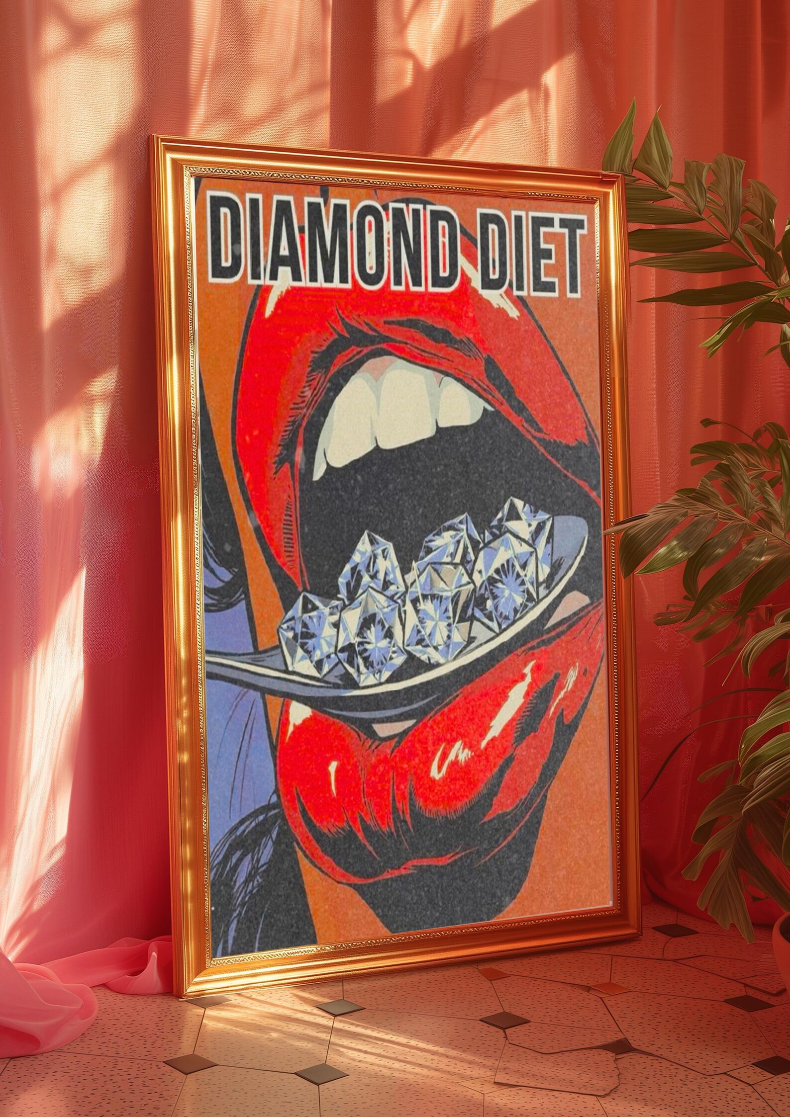 Diamond Diet Pop Art Print – Bold Lips & Gems Retro Poster, Modern Wall ...