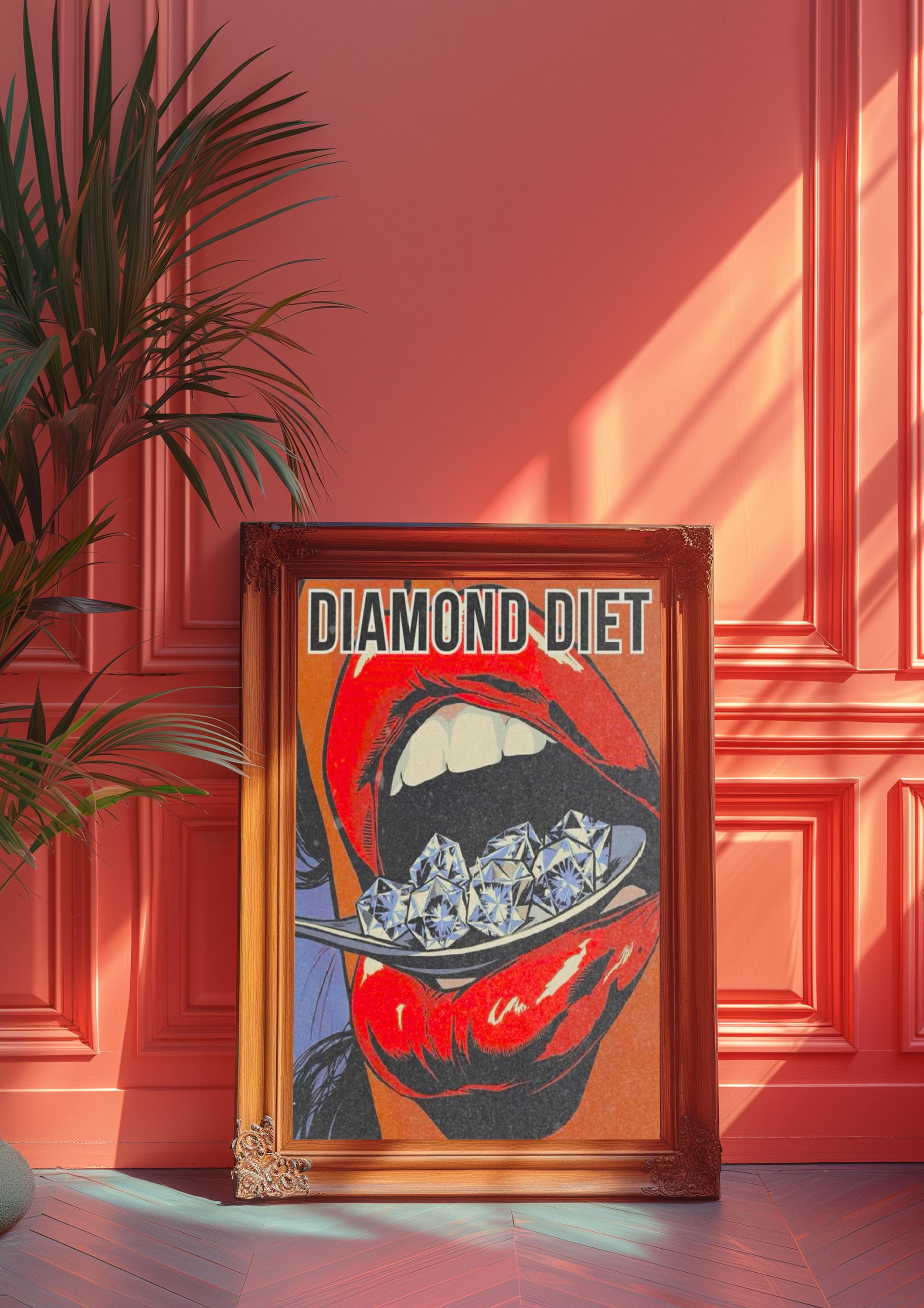 Diamond Diet Pop Art Print – Bold Lips & Gems Retro Poster, Modern Wall ...