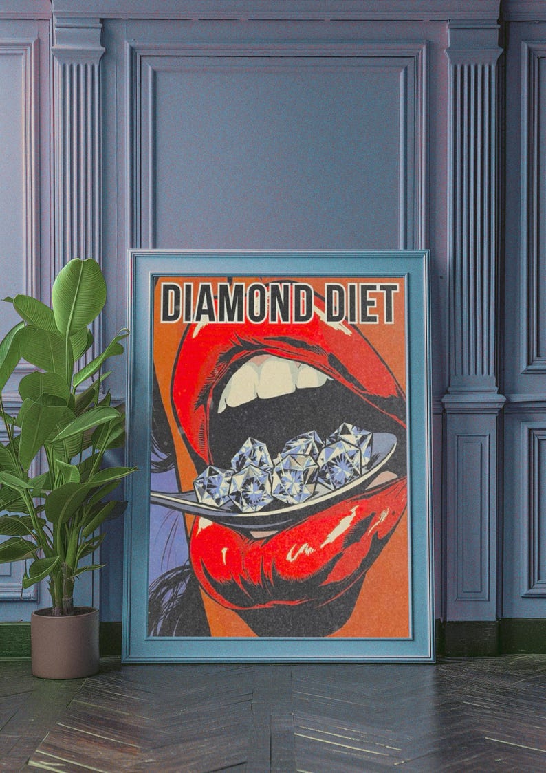 Diamond Diet Pop Art Print – Bold Lips & Gems Retro Poster, Modern Wall ...