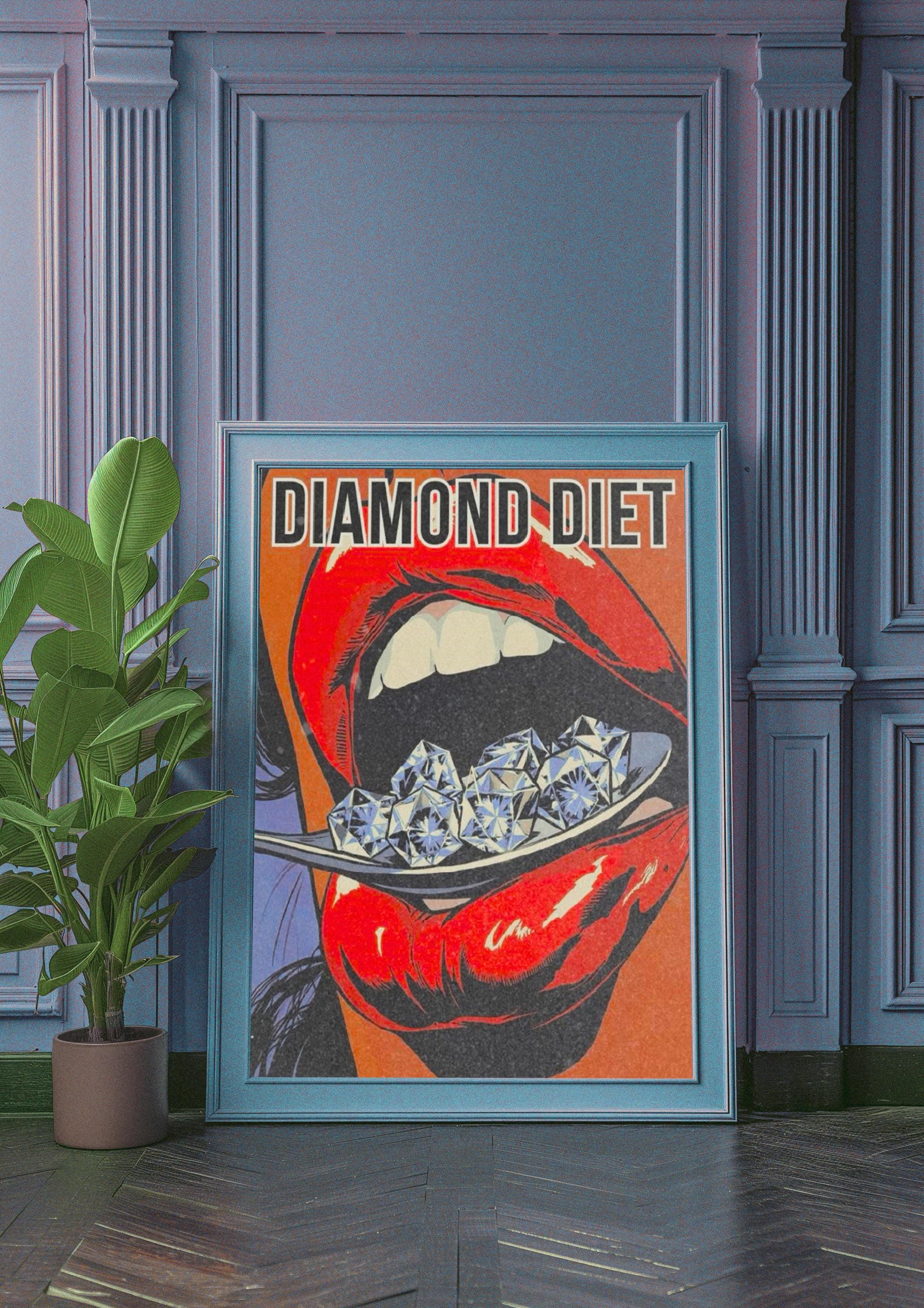 Diamond Diet Pop Art Print – Bold Lips & Gems Retro Poster, Modern Wall ...