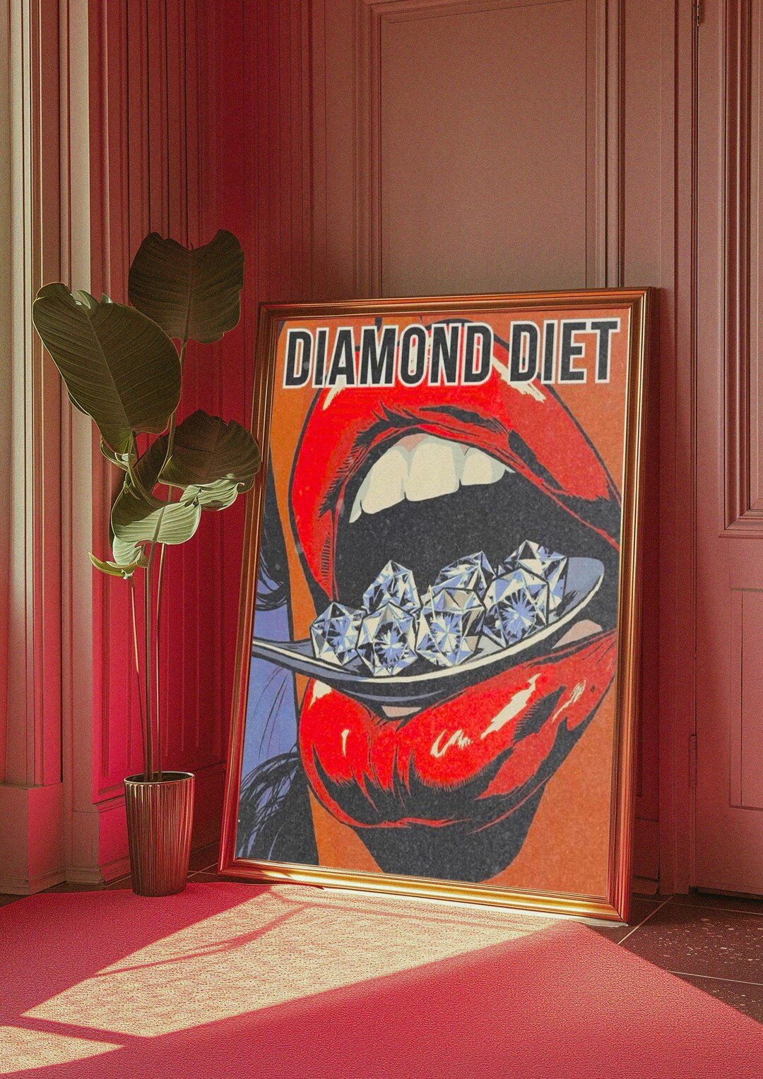 Diamond Diet Pop Art Print – Bold Lips & Gems Retro Poster, Modern Wall ...