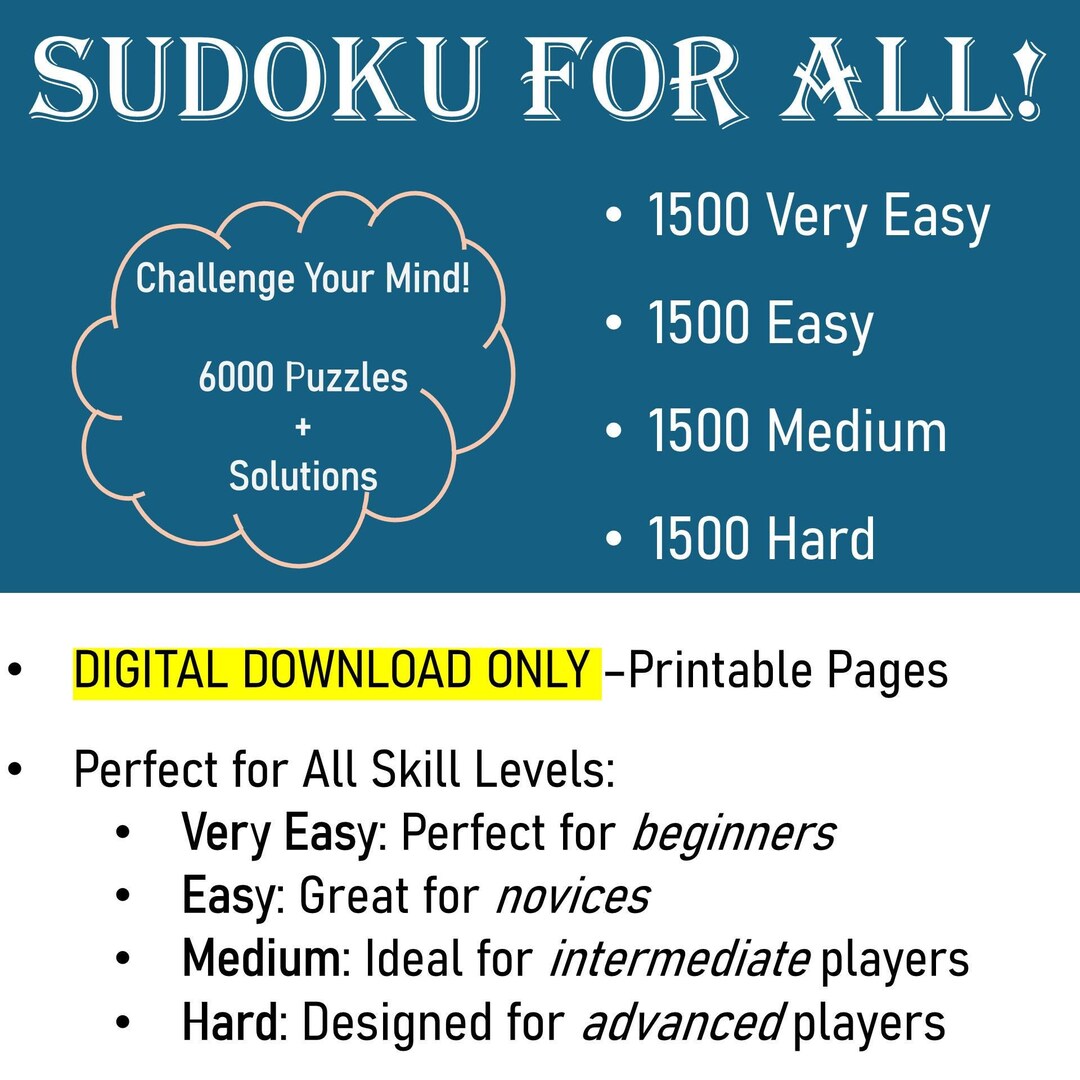 Sudoku Puzzles for All Levels 6000 Puzzles Solutions Digital Download ...