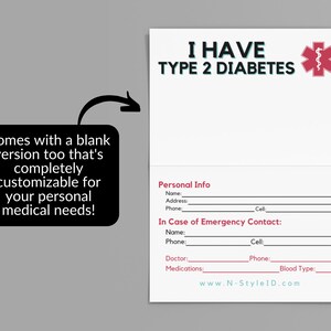 Type 2 Diabetic Card, Diabetes Card, Medical ID Card, Diabetic Wallet ...