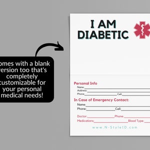 Medical ID Card, Diabetic Wallet Card, Medical ID Card, Editable PDF ...