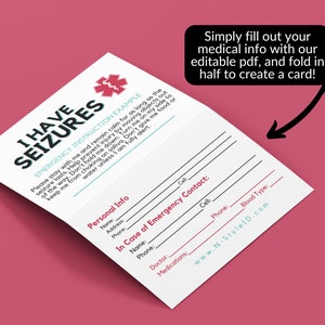 Seizure Card, Epilepsy Card, Medical Card, Editable PDF, Instant ...