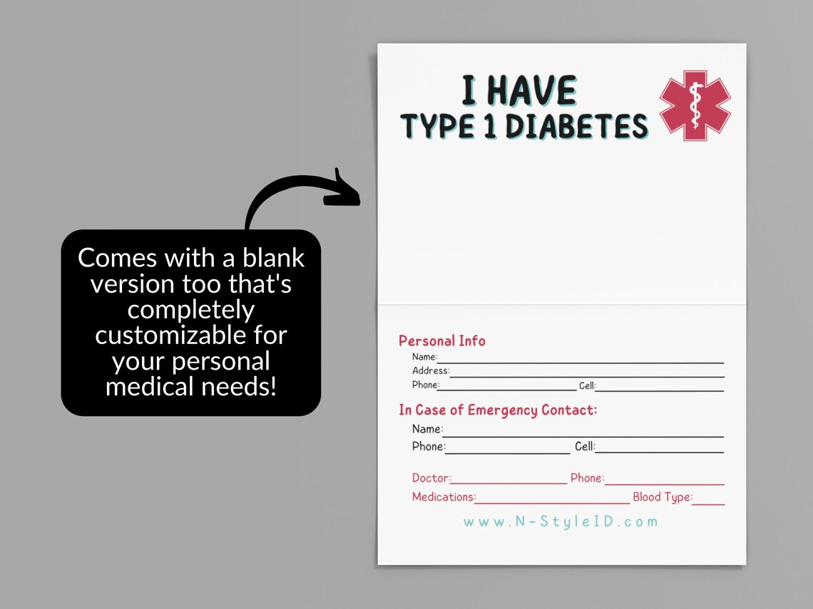 Type 1 Diabetes ID Card Medical ID Card Editable PDF | Etsy New Zealand
