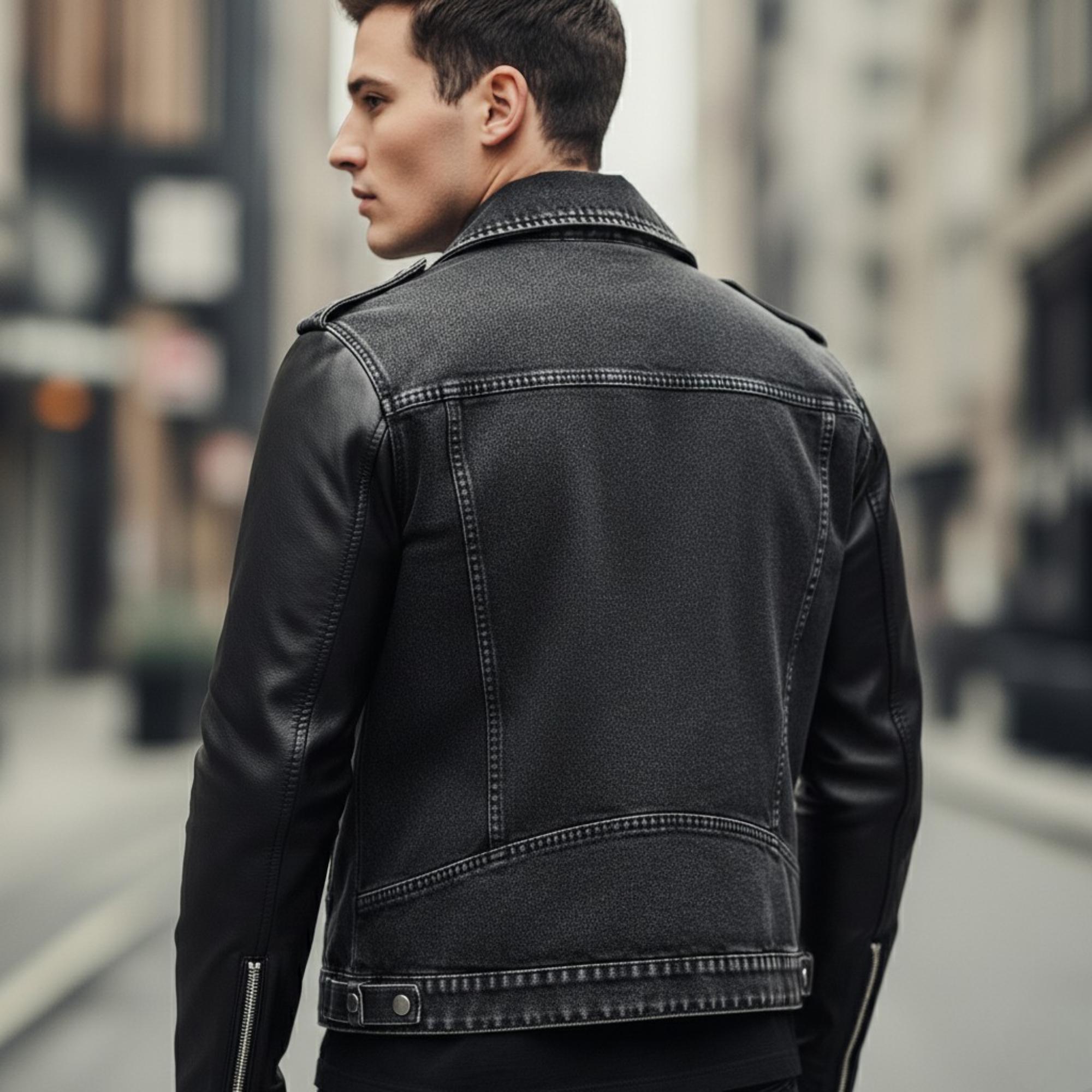 Men's Black Denim Biker Jacket - Leather Sleeves Distressed Motorcycle ...