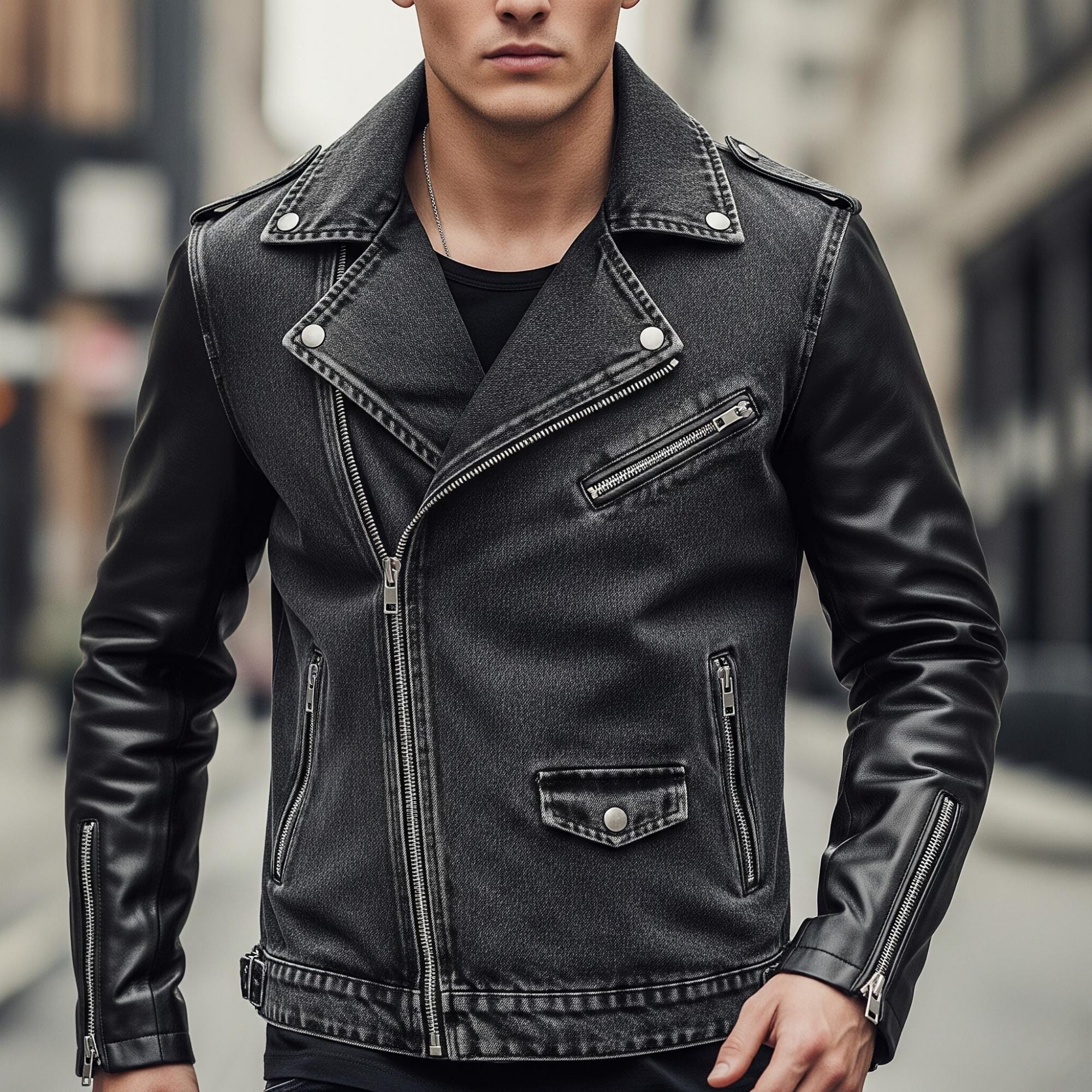 Men's Black Denim Biker Jacket - Leather Sleeves Distressed Motorcycle ...