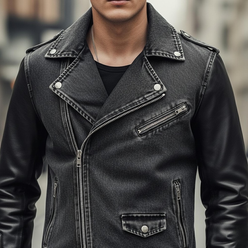 Men's Black Denim Biker Jacket - Leather Sleeves Distressed Motorcycle ...