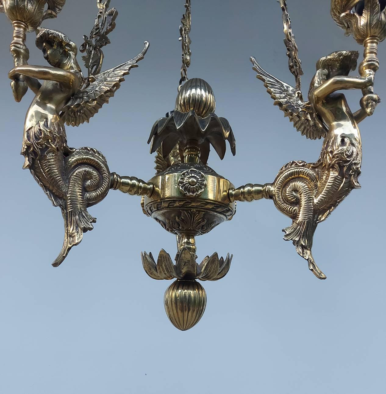 1940s Style Brass Chandelier Cut Glass Glass Shade Angel Mermaid French ...