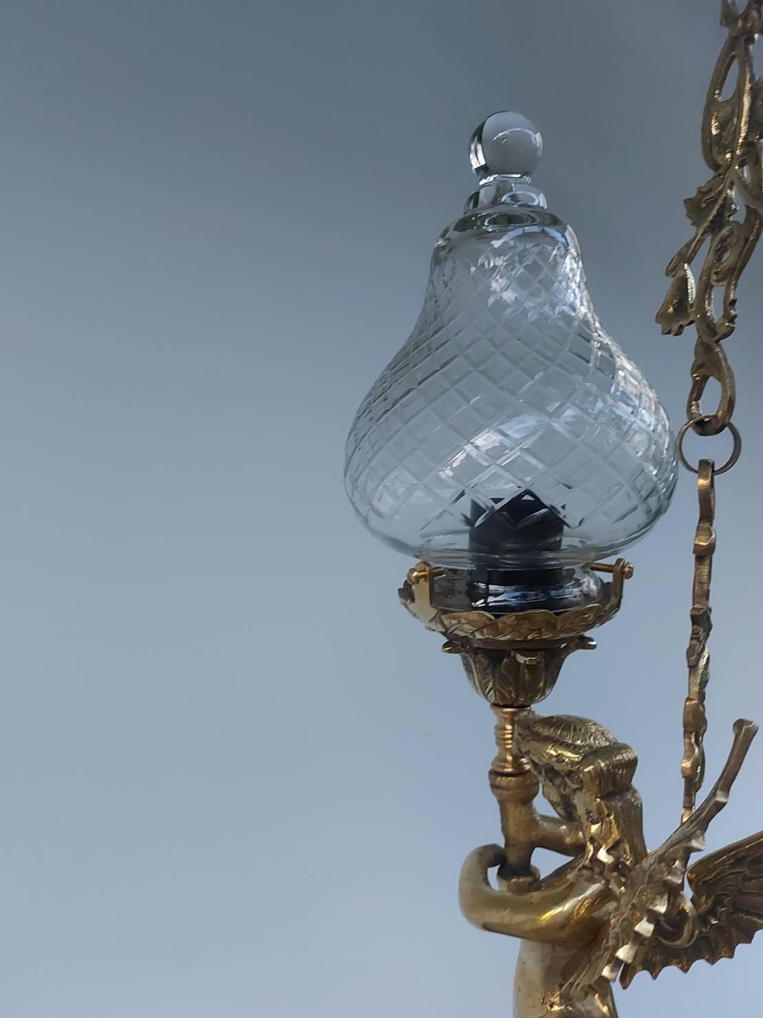 1940s Style Brass Chandelier Cut Glass Glass Shade Angel Mermaid French ...