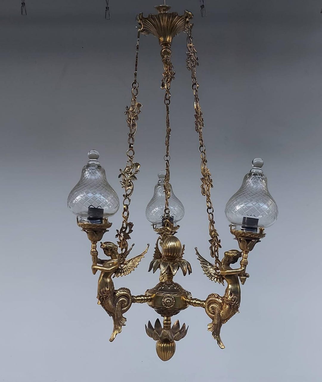 1940s Style Brass Chandelier Cut Glass Glass Shade Angel Mermaid French ...