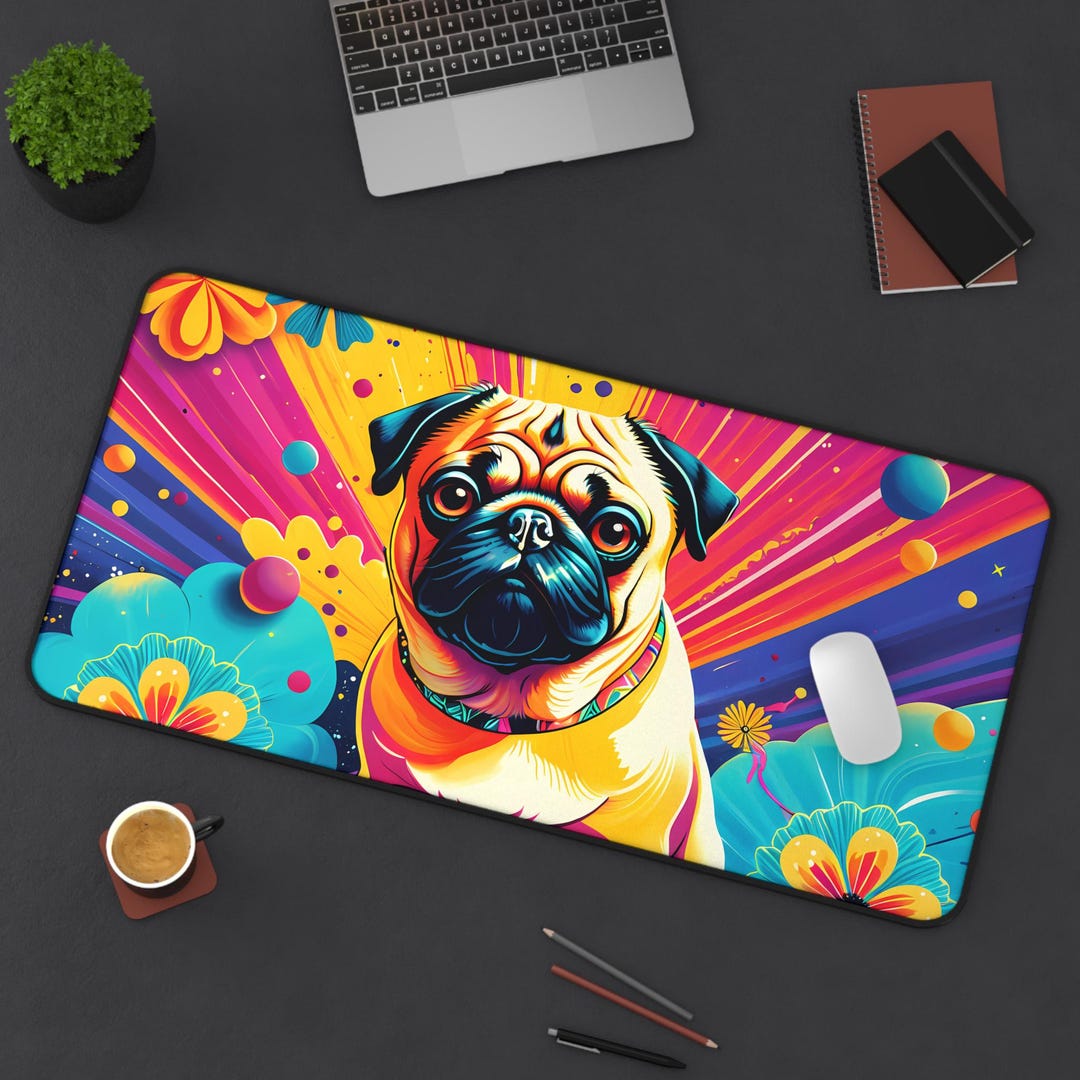 Pug Desk Mat Retro Portrait Design Dog Lover Gift Office Desk Accessory ...