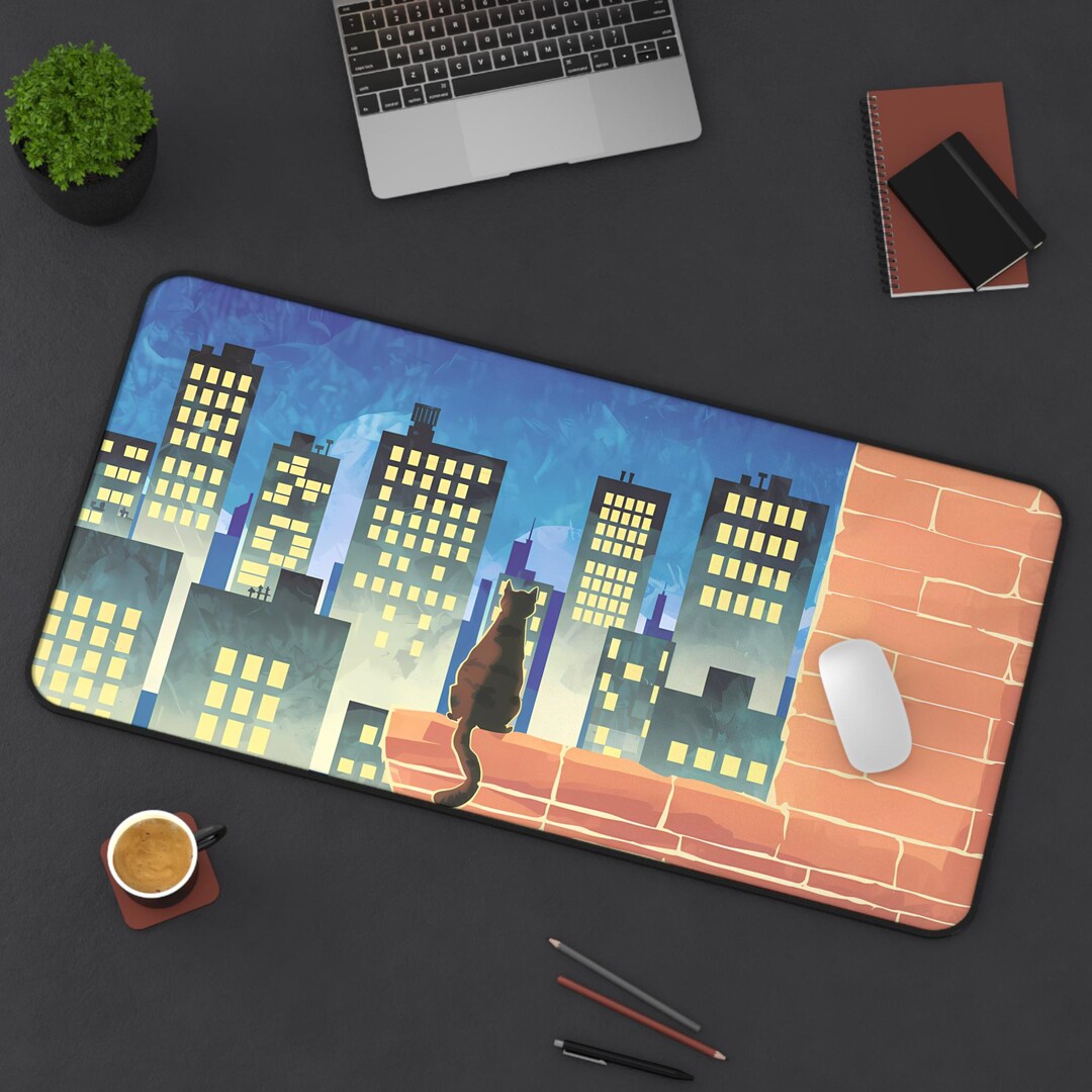 Cityscape Cat Desk Mat, Gaming Mouse Pad, City Skyline Office Decor ...