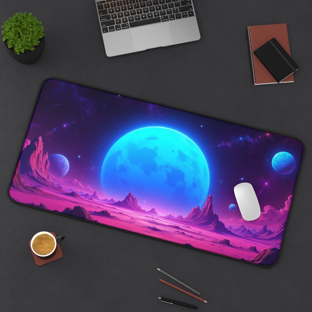 Blue Moon Desk Mat Pink Planet Galaxy Mouse Pad Universe Mouse Pad Neon ...