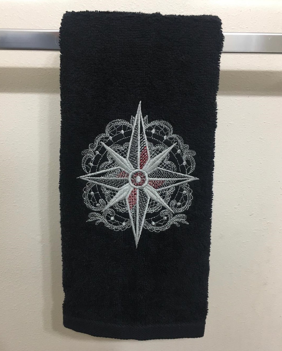 Embroidered Compass Rose Bath Towel Set on Black Nautical Beach Ocean ...