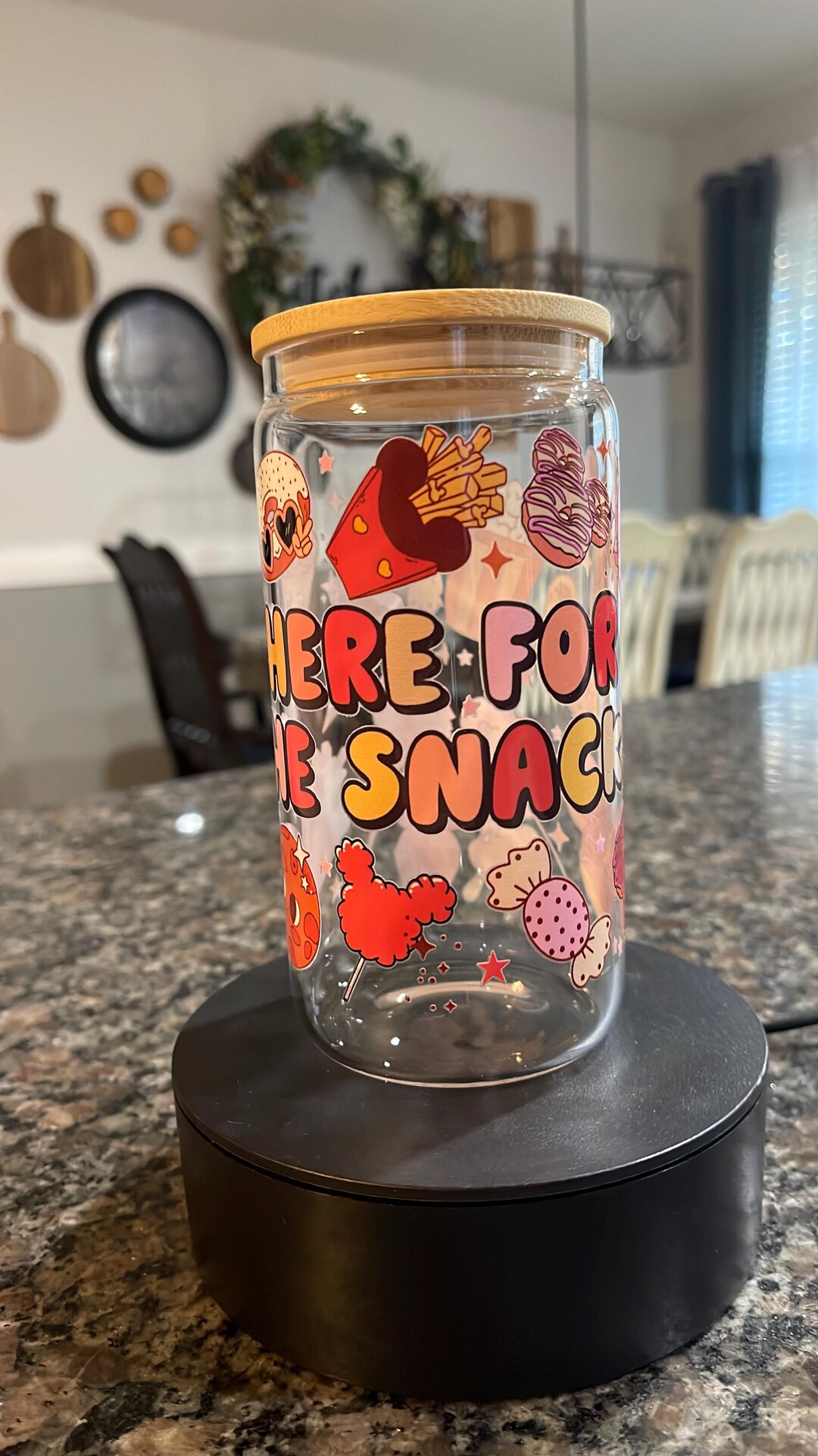 Here for the Snacks 16oz Glass Cup | Fun Foodie Design | Bamboo Lid ...