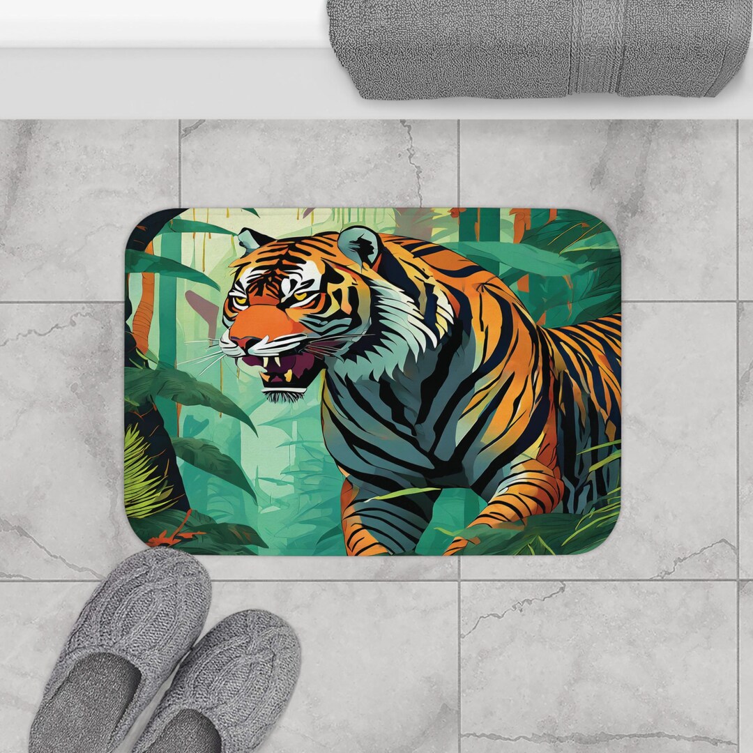 Tiger Bath Mat Wild Animal Cat Woodland Jungle Forest Green Leaves ...