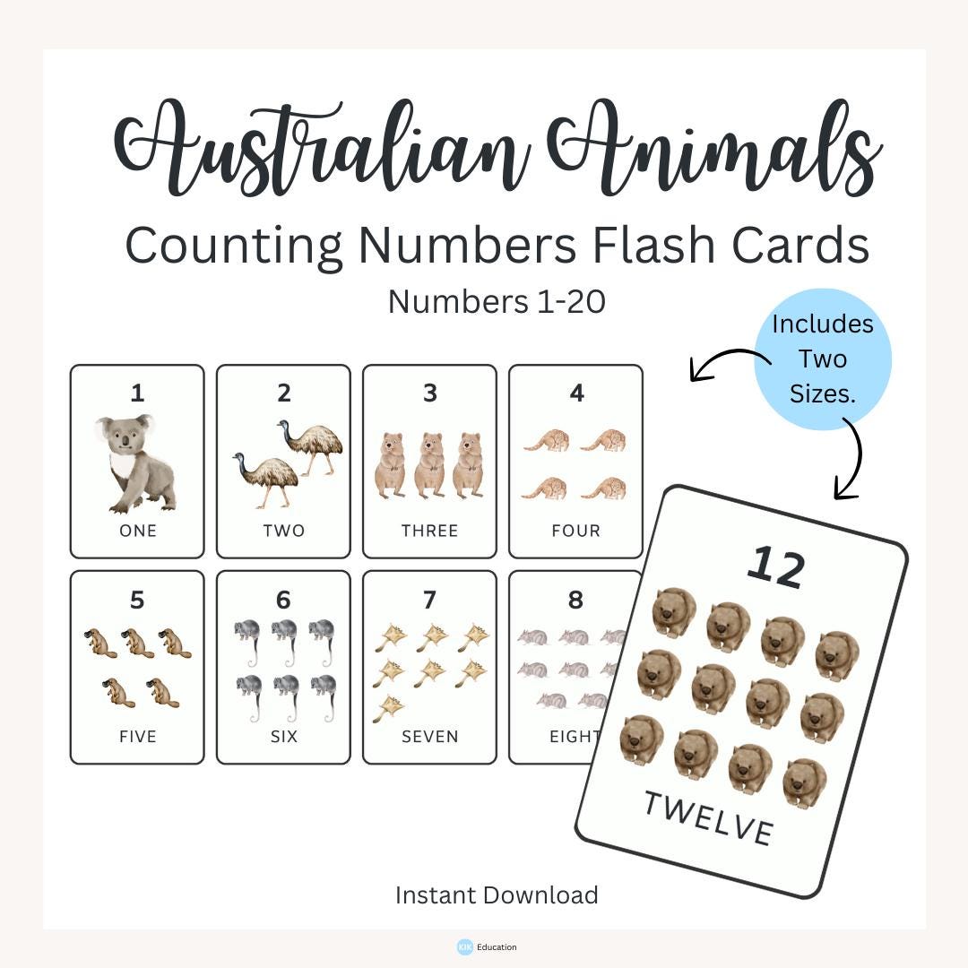 Australian Animals Counting Numbers Flash Cards. Easy to Download ...