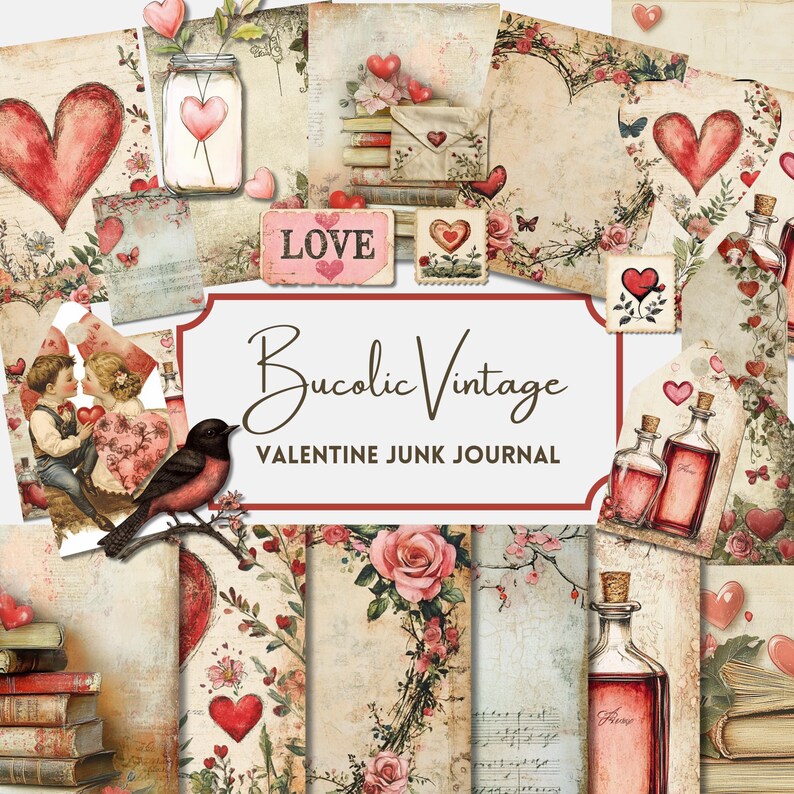 Vintage Valentine Junk Journal Kit | Printable Ephemera (digital ...