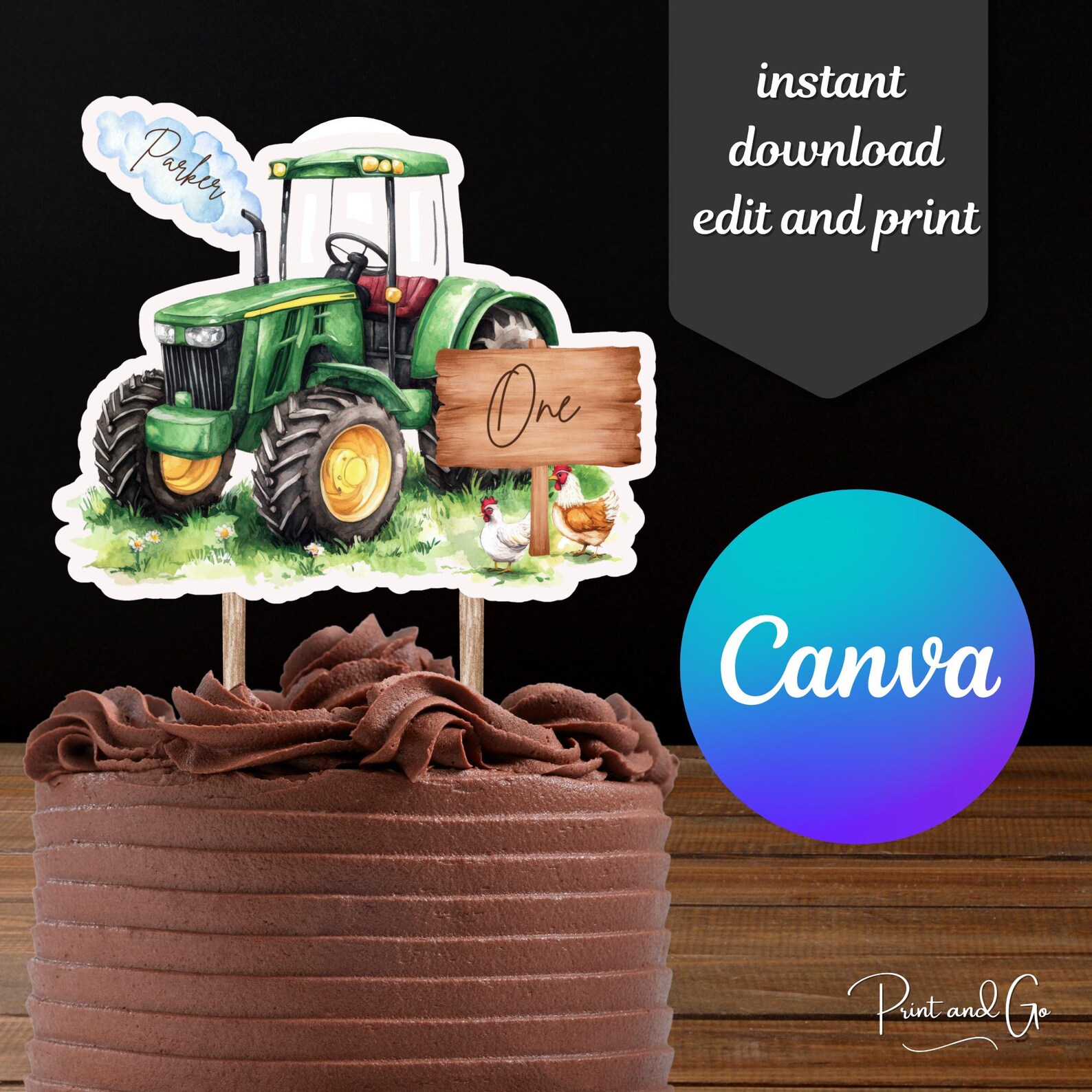 Printable Green Tractor Cake Topper - Farm Party Decor - Editable Name ...