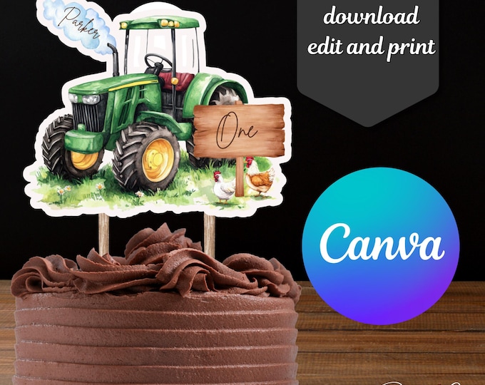 Printable Green Tractor Cake Topper - Farm Party Decor - Editable Name ...