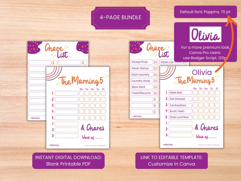 The Morning 5 + Chores Editable Checklist Template - Purple - Etsy