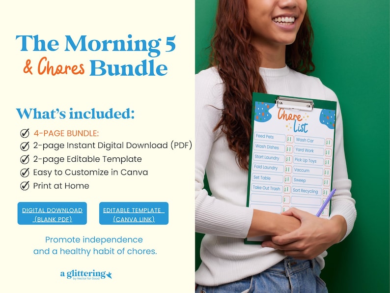 The Morning 5 + Chores Editable Checklist Template - Blue - Etsy