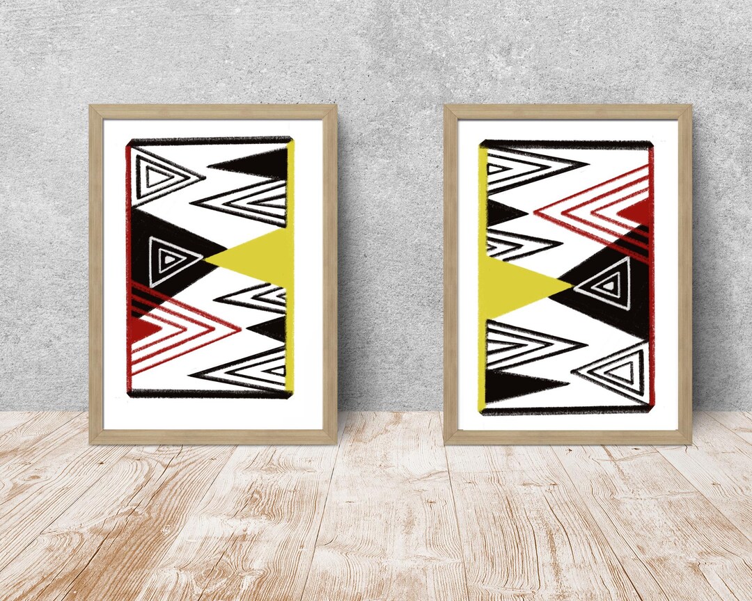 Modern Abstract Triangles in Chalk Art. Printable Black Yellow and Red ...