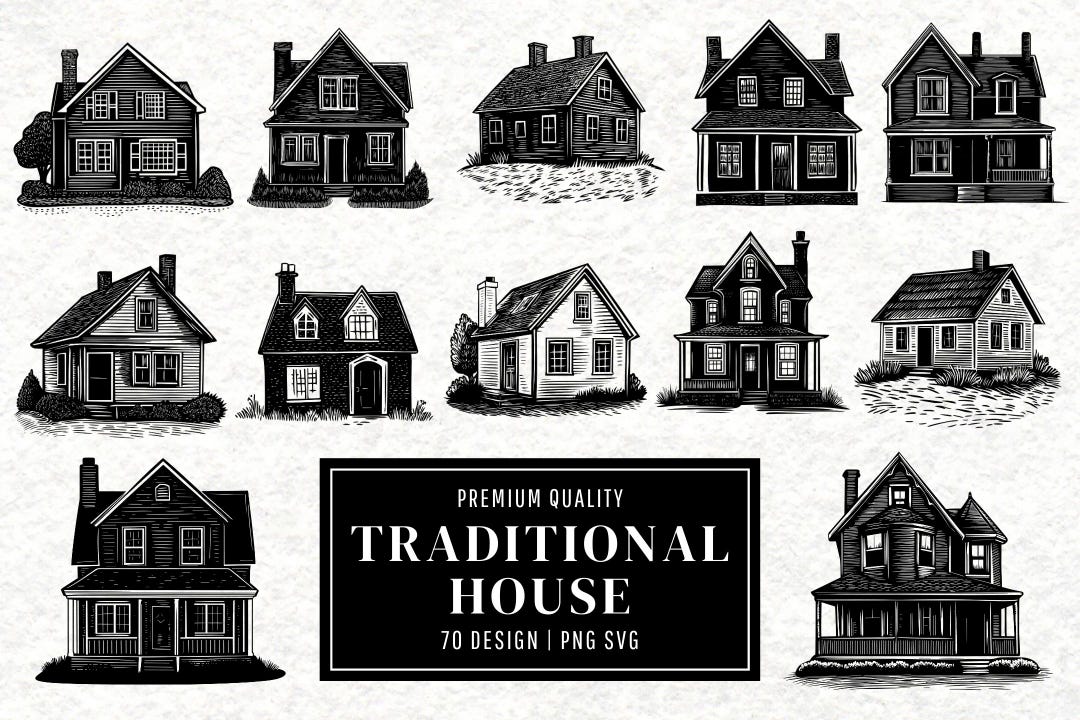 Traditional House SVG Bundle: Architecture Silhouette Clipart (PNG, SVG ...