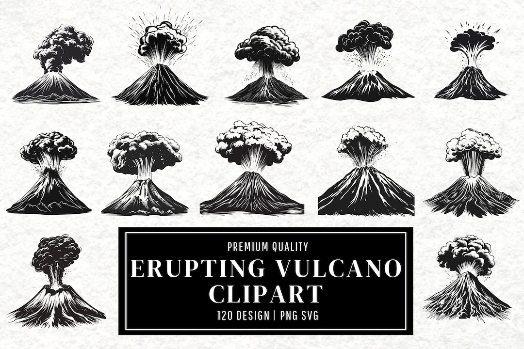 Erupting Volcano SVG Bundle Linocut Clipart | Eruption Vector Designs ...